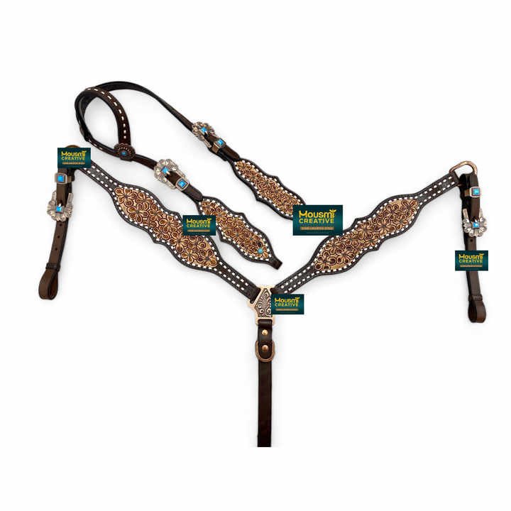 Western Tooled Leather Horse Headstall Breast Collar Set Buck Stitched ...