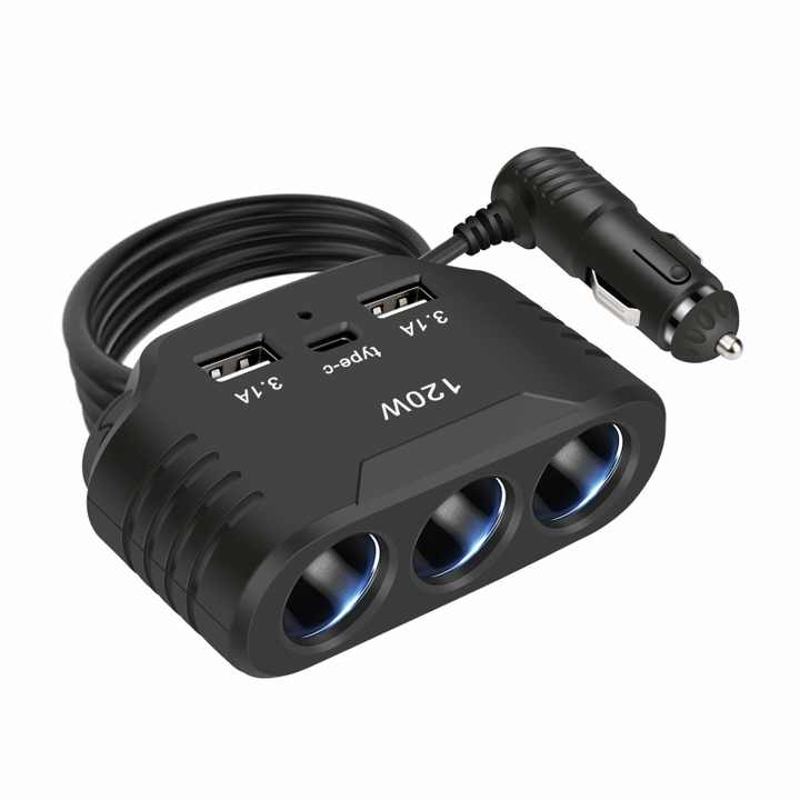 3 Socket Car Cigarette Lighter Splitter Dual USB LED Car Fast Charger ...