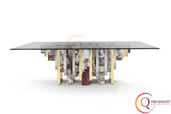 Artistic Rectangular Glass Dining Table with Staggered Decorative Panel ...