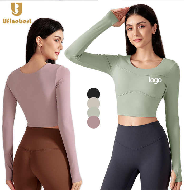 Women's Custom Logo Gym Clothing-Long Sleeve Fitness Shirt with Thumb Hole Fixed Pads Short ...