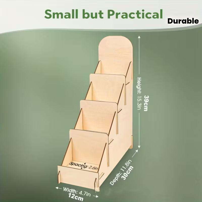 Four-layer Wooden Sticker Display Stand with Natural Finish and Stepped ...