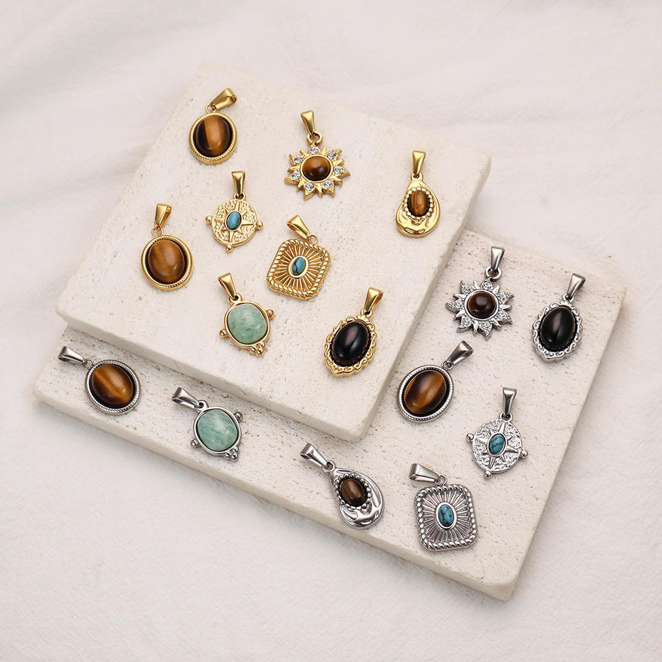 Customized Logo Stainless Steel Natural Stone Oval Pendant for Women ...