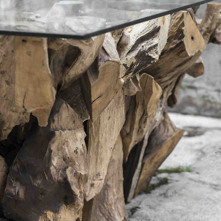 Solid Teak Root Coffee Table with Glass Top - Living Room