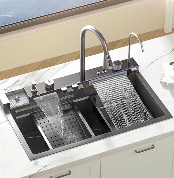 Modern Black Honey Comb Decor Waterfall Smart Kitchen Sink