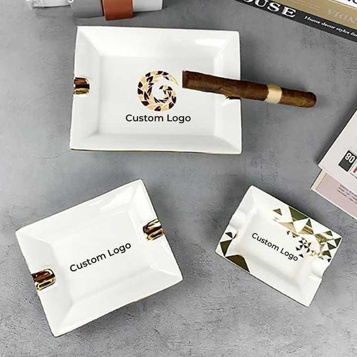 Custom Size Brand Logo Design Gold Edge Glazed Ceramic Cigar Ash Tray