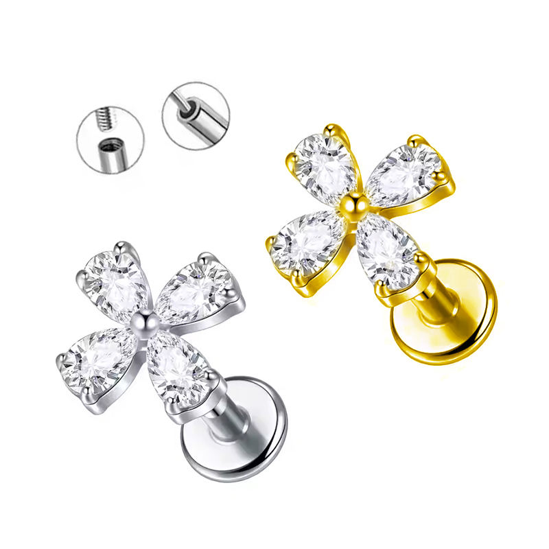 ASTM F136 Titanium Cross Labret Jewelry Internally Threaded CZ Water ...