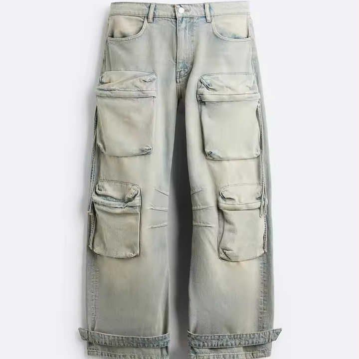 Men's Multi-functional Utility Pocket Jeans Relaxed Fit Loop Hem Front ...