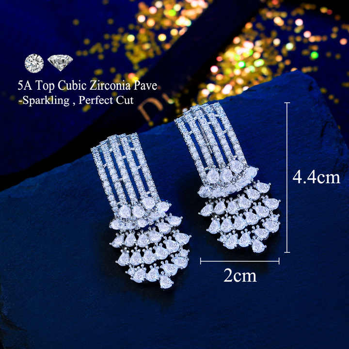 Sparkling 3A Cubic Zirconia Elegant Silvery Plated Long Drop Earrings for Women Weddings ...
