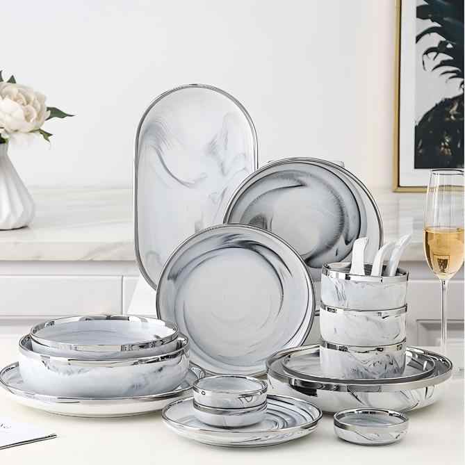 Gold Silver Rim Porcelain Crockery Marble Plate Set High Quality Luxury ...