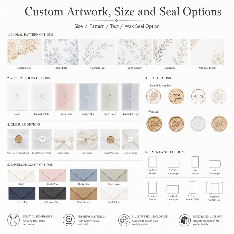 Custom Vellum Wedding Invitation Envelopes Floral Foil Jacket Wraps for ...