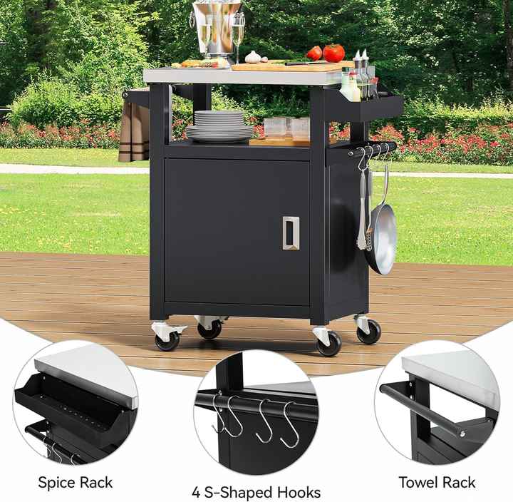 Rolling Grill Table with Storage Cabinet - 3-Shelf Prep