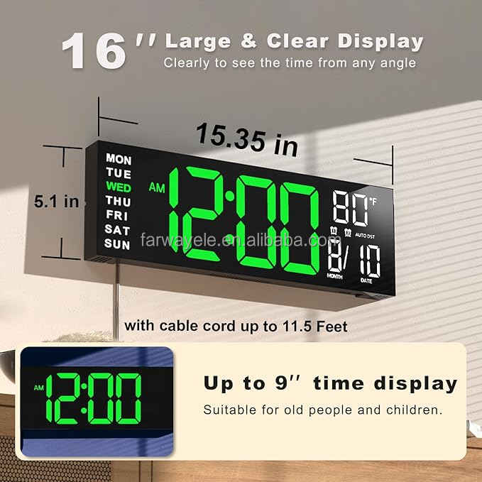 16" Large Digital Wall Clock Timer Remote Controlled 2 Alarms LED ...