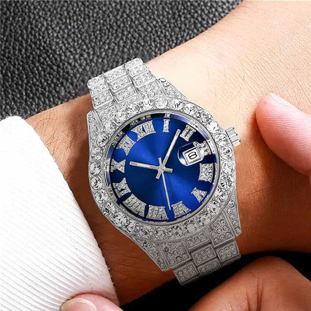 Bling Diamond Watch Men's Luxury Quartz Watch with Mineral Mirror
