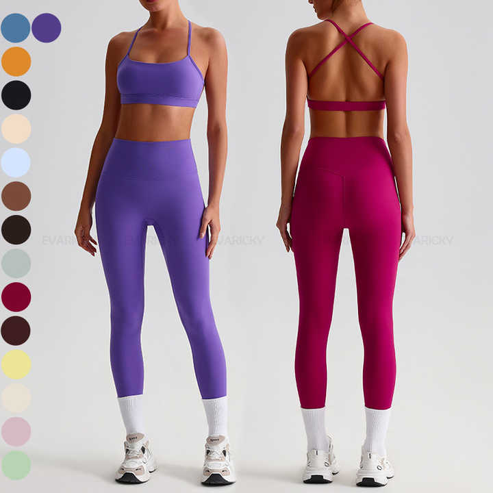 Two-Piece High Waist Gym Yoga Leggings Running Crop Top Sport Bra Set Breathable Lightweight ...