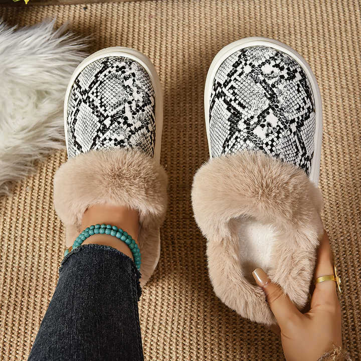 New Style Snake Print Plush Thick-Soled Slippers - Warm and Fashionable ...