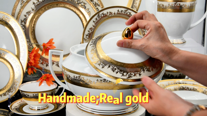 Karosa 98pcs Luxury Bone China Dinnerware Set with Gold Design for Home ...