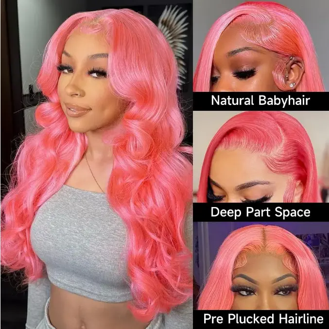 Pink Lace Front Wig Human Hair for Women Long Straight Customized ...