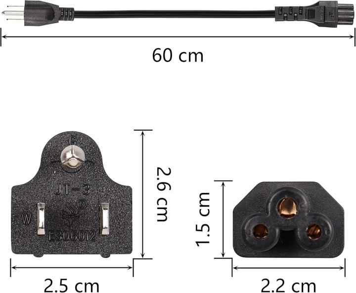 2ft US 3 Prong Mickey Mouse AC Power Short Cord,USA Nema 5-15P Male to IEC320 C5 Female Power ...