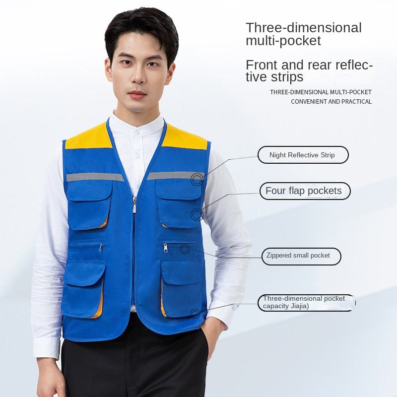 Construction Safety Vest ANSI Class 3 Reflective Logo Multi-Pocket Work ...
