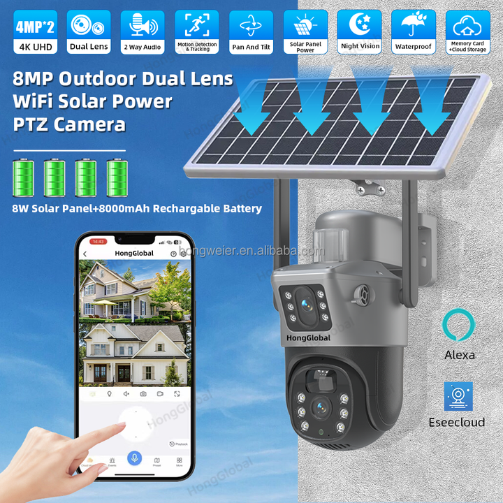 HongGlobal 8MP WiFi Wireless Solar Powered Surveillance Camera Eseecloud 4K Dual Lens IP PTZ ...