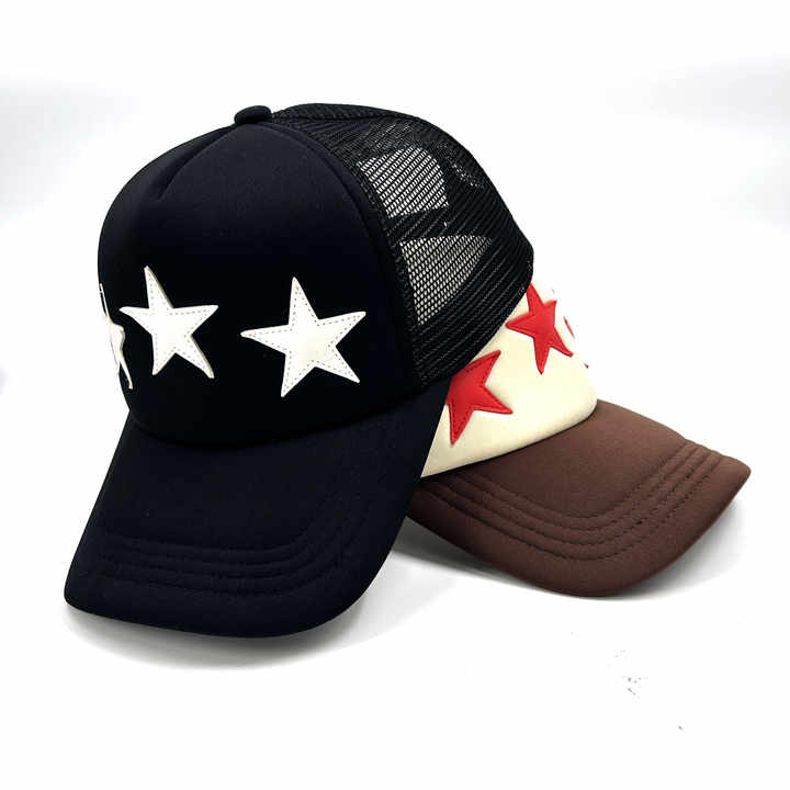 PU Leather Stars Patches Embroidered Logos High Crown Caps