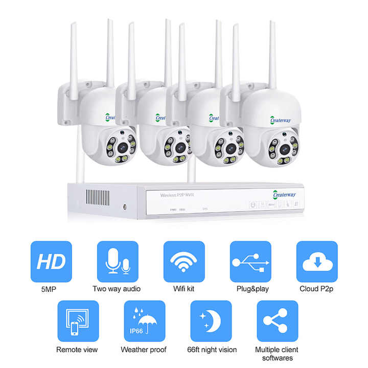 P2P CCTV NVR Kit 5MP WiFi PTZ Dome Security Camera System Two-Way Audio ...