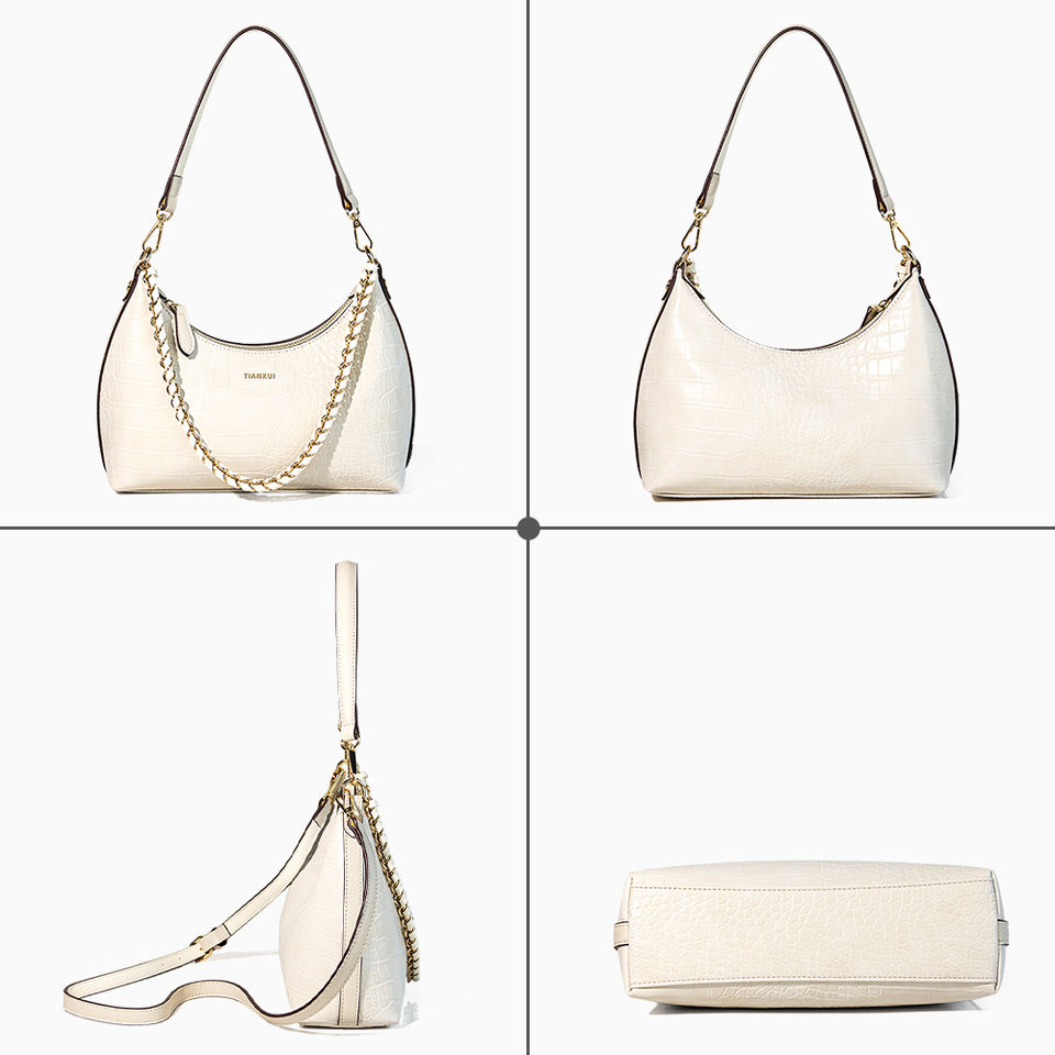 Women Minimalist Underarm Hobo Bag Beige PU Zipper Closure Detachable ...