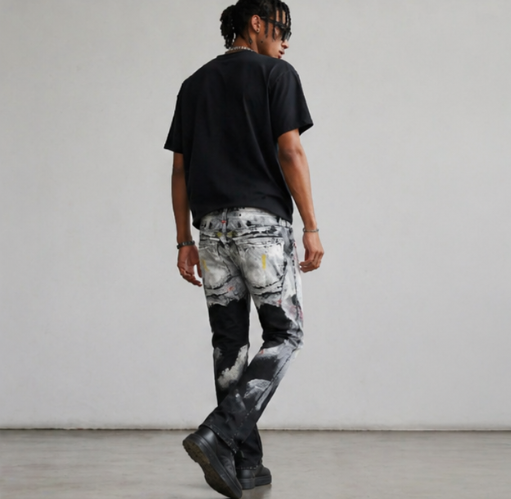 Custom Men Paint Splatter Jeans Black White Acid Wash Slim Fit ...