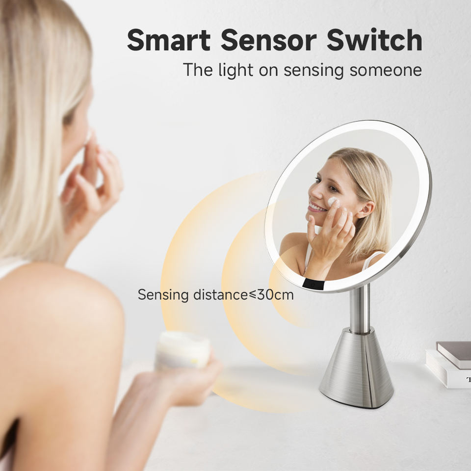 Brushed Stainless Steel Human Sensor Mirror Round Rechargeable