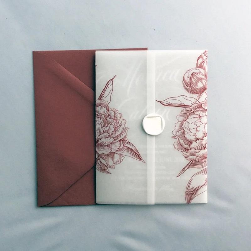 5X7 Inch Wedding Invitation Card - Peony Floral Vellum Jacket