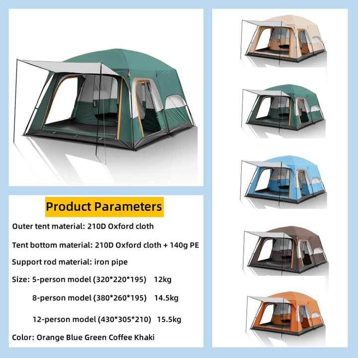 Large Portable Family Camping Tent for 5-12 People, Rainproof & OEM