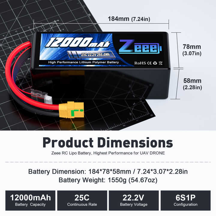 Zeee Drone Battery - 6S 12000mah 25C 22.2V LCO Lithium Polymer