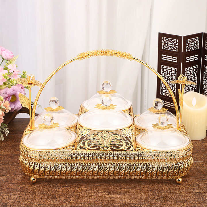 Arabic Luxury Gold Metal Sugar Pot Snack Plate Fruit Tray