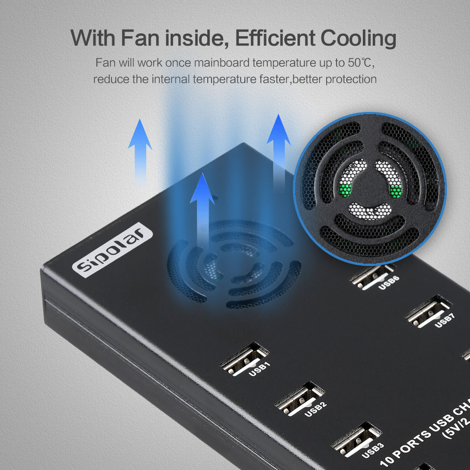 Sipolar Metal Case 10 Port USB Charging Hub with LED Indicator for ...