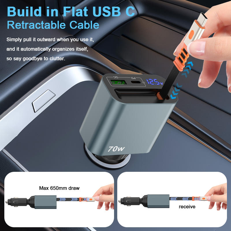 Pivoting Car USB Charger 70w Max with Build in Retractable Nylon Cable ...