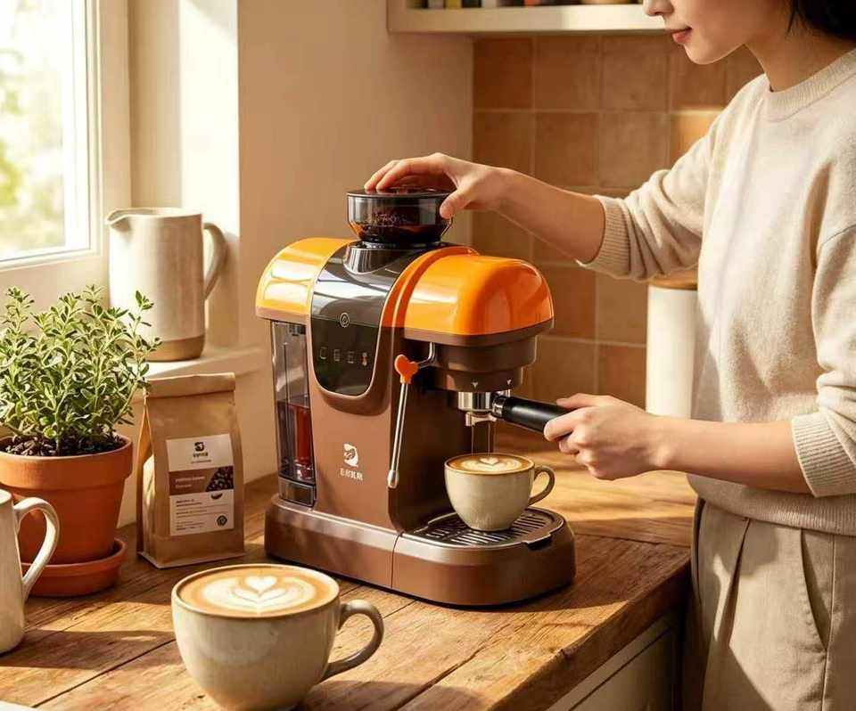 Compact Stainless Steel Espresso Machine with Built-in Grinder, Semi ...