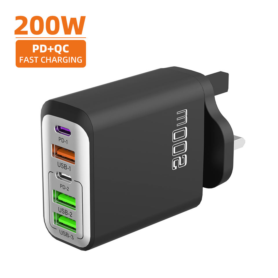 200W Fast Charger Turbo Wall Hypercharge Adapter 5-ports EU/US/UK Plug ...