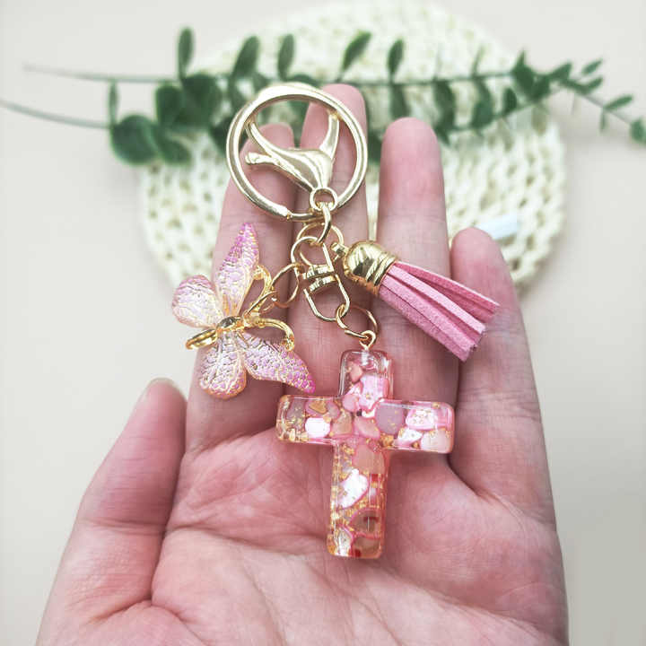 Creative Resin Cross Keychain Pendant Classic White Blue Tassel ...