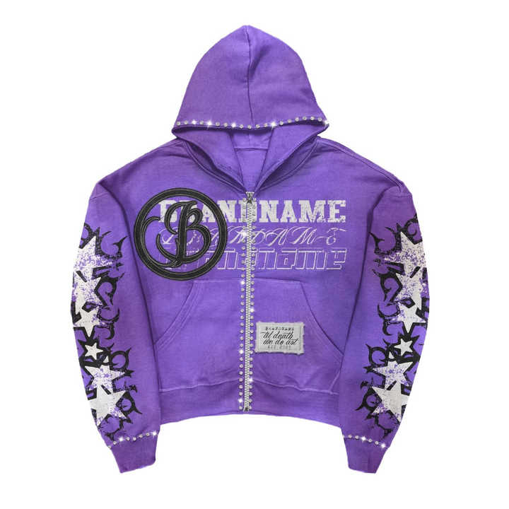 Custom Rhinestone Hoodie Oversized Streetwear Boxy Heavyweight Cotton Cropped Acid Wash Zip up ...