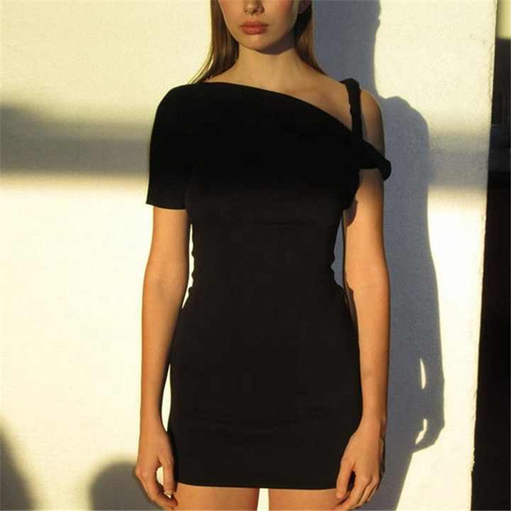 Solid Concise Mini Dress Women Classic Single Sleeve Woven Strap Body ...