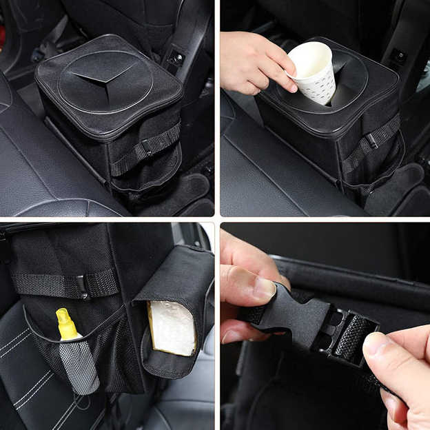Car Trash Can With Lid and Storage Pockets Reusable and Washable Car ...
