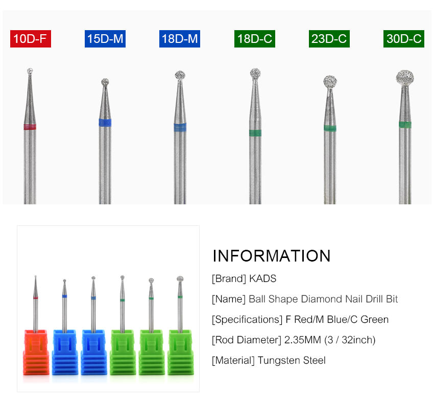 Tungsten Steel Ball Shape Diamond Nail Drill Bit All Size 3/32" Cuticle ...