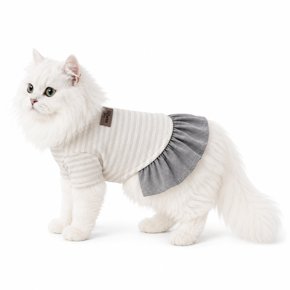 Hamolly Cream Stripe Cat Dress with Grey Ruffle Skirt and Hidden Leash ...