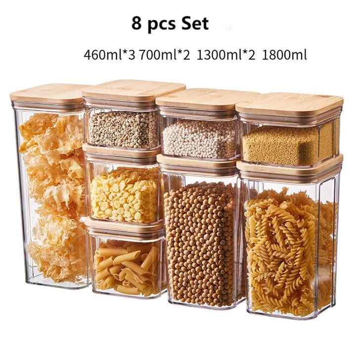 1800ml Clear Square Kitchen Canisters Airtight Bamboo Lid Stackable ...
