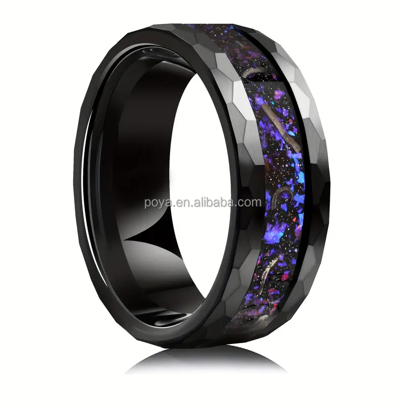 POYA 8mm Black Tungsten Carbide Ring Hammered with Meteorite Shavings ...