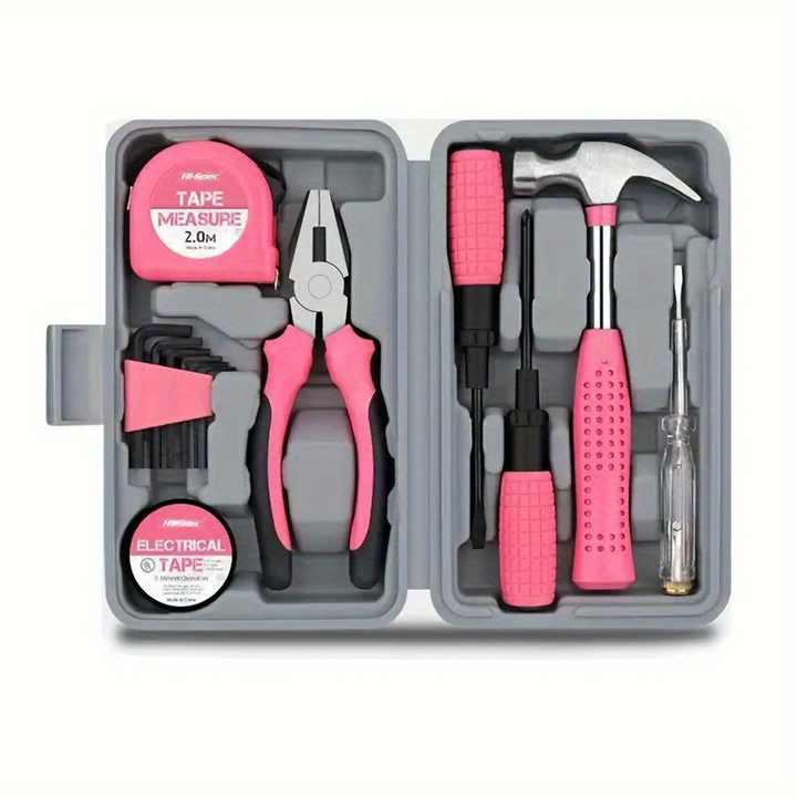 24pc Pink DIY Home Tool Kit Complete Basic House Tool Box Set Women Office Garage Hand Power ...