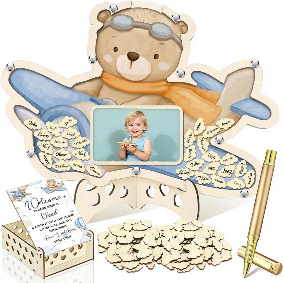 Airplane & Bear Theme Baby Shower & Birthday Guest Book Set with 60 ...