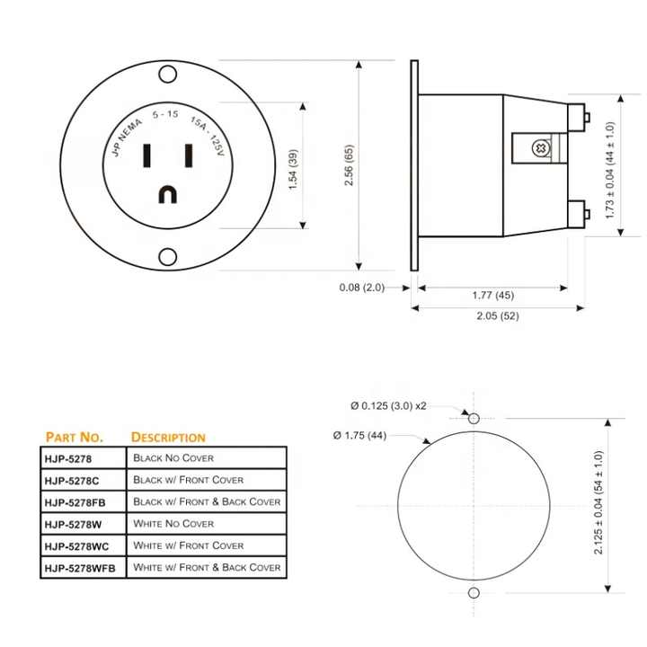 NEMA 5-15 15A 125V 3-Pin AC Inlet Plug - Flanged Recessed Male Socket ...