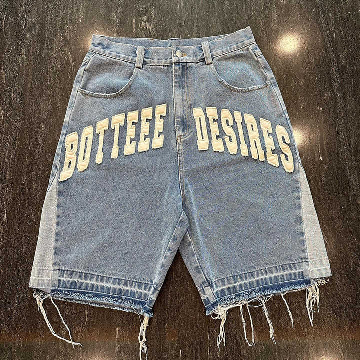 Custom applique embroidered patches raw hem cut edge distressed jorts ...