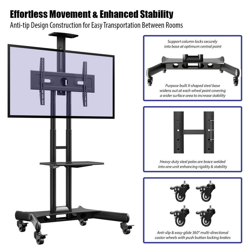 Mobile TV Stand Heavy Duty 100lbs 600x400 VESA Mount Adjustable Height ...
